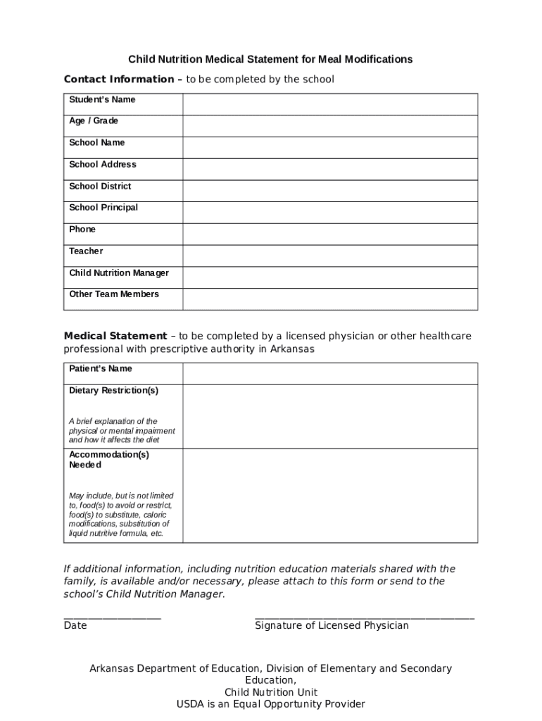 Medical Statement for Student Requiring Meal Modification Doc Template | pdfFiller