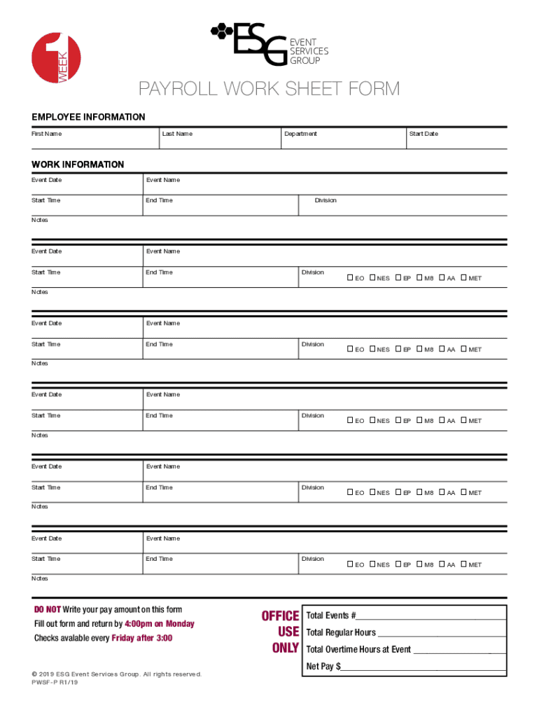 Fillable Online PAYROLL WORK SHEET FORM Fax Email Print - pdfFiller