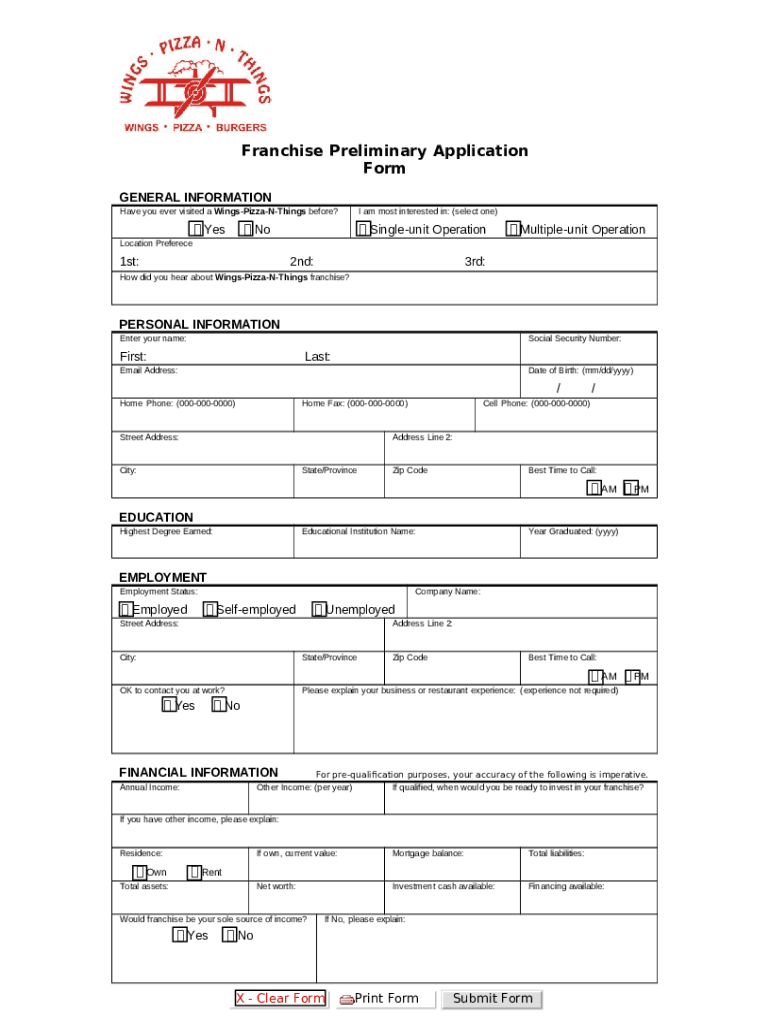 Franchise Preliminary Application .doc Doc Template | pdfFiller