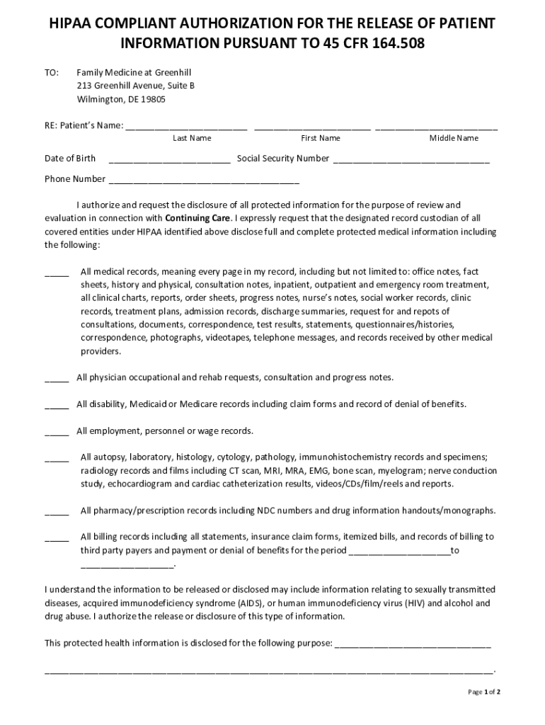 Fillable Online HIPAA COMPLIANT AUTHORIZATION FOR THE ... Fax Email ...