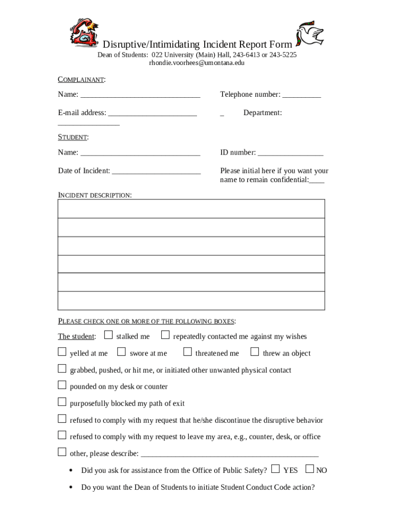 Disruptive/Intimidating Incident Report Doc Template | pdfFiller