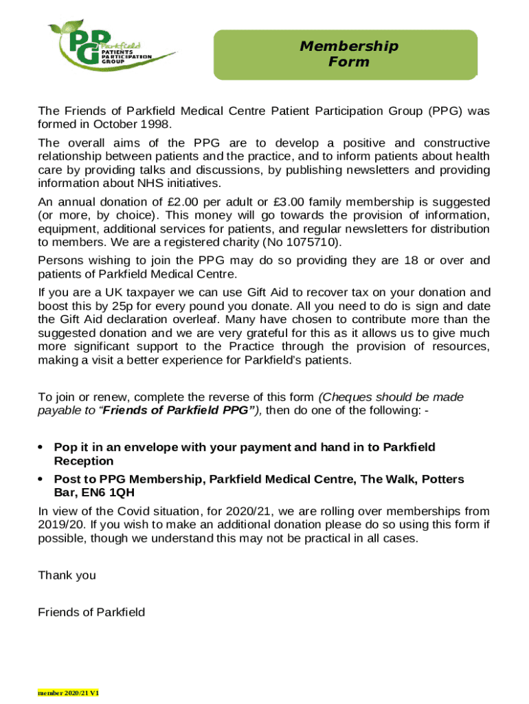 Friends of Parkfield Medical Centre PPG Membership Doc Template | pdfFiller