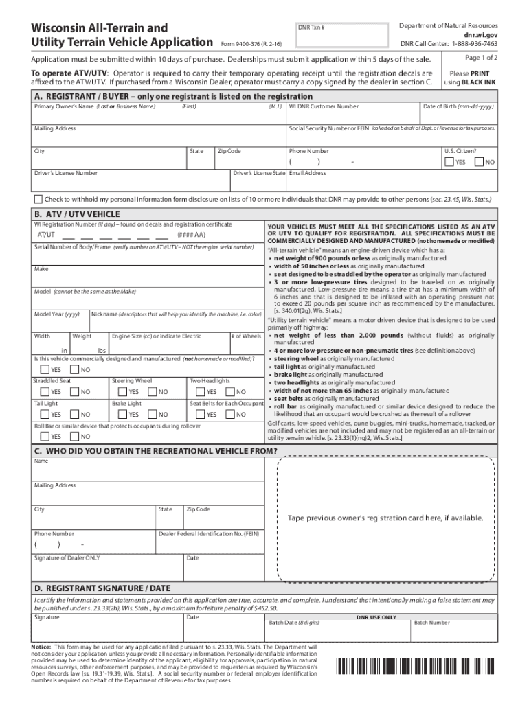 Fillable Online Form 9400 376. Wisconsin Department of Natural ...