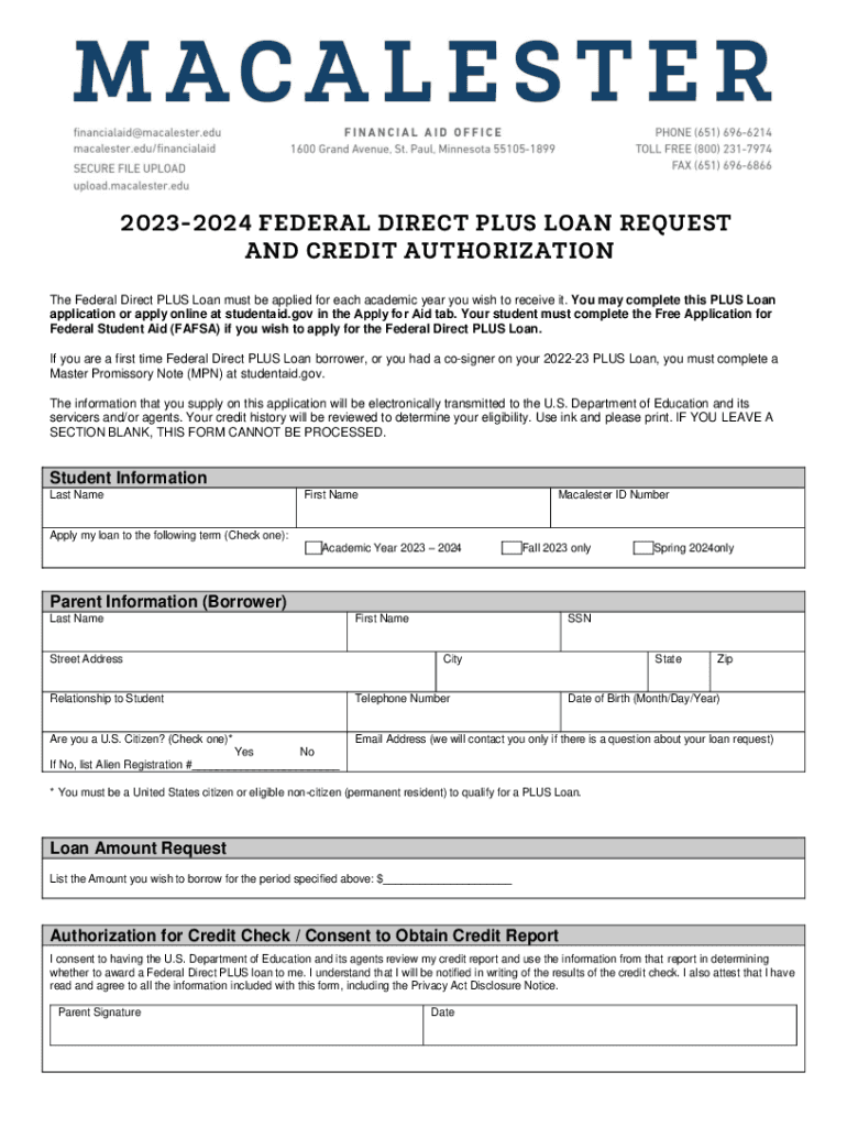 Fillable Online 2023-2024 Federal Direct Parent PLUS Loan Authorization ... Fax Email Print ...