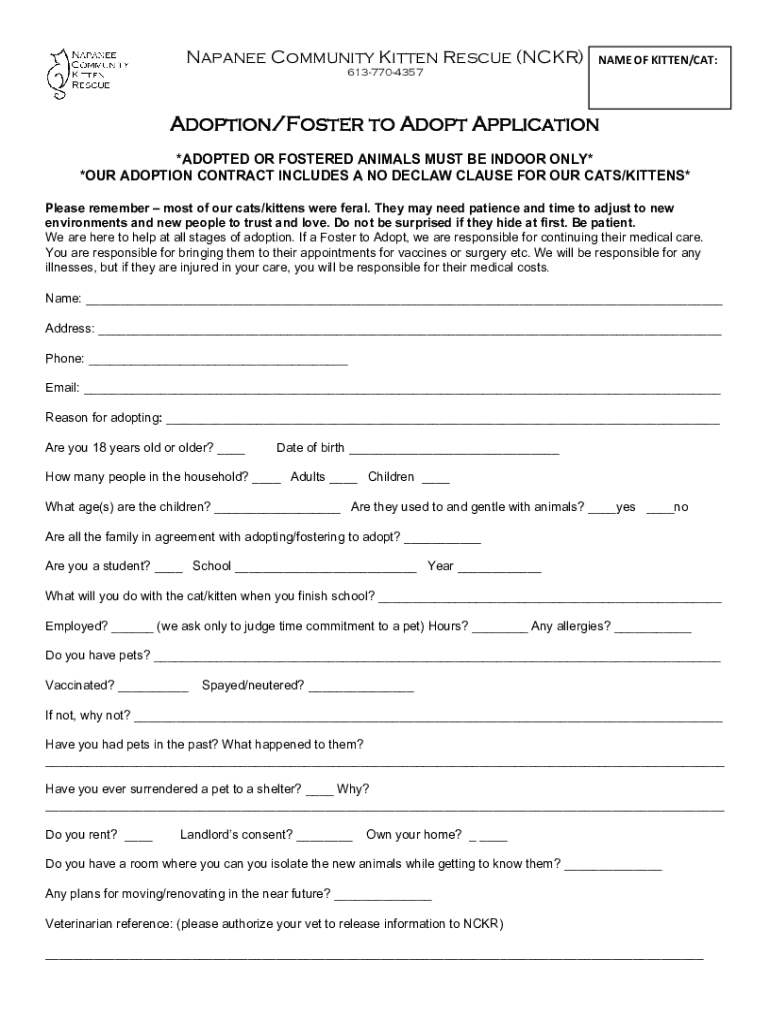 Fillable Online Adoption/Foster to Adopt Application Fax Email Print ...