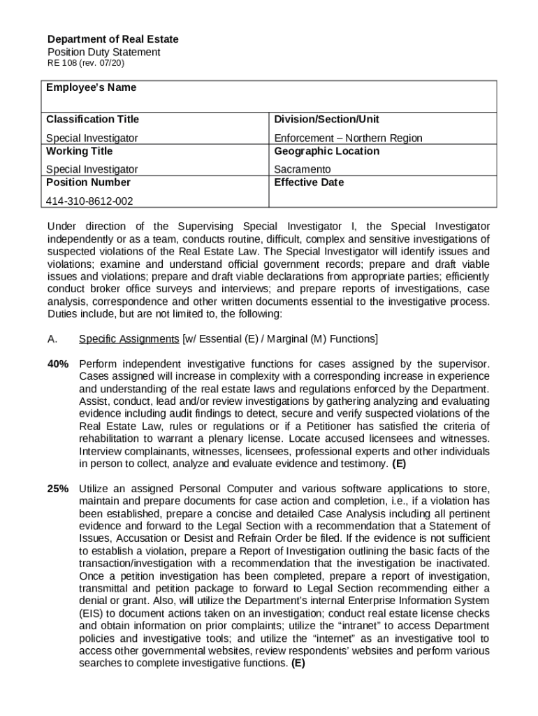 Duty Statement - Special Investigator Doc Template | pdfFiller