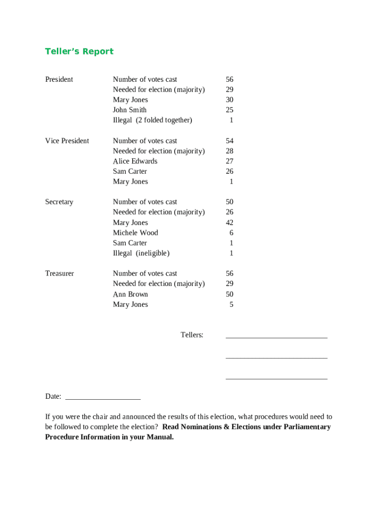 Tellers Report Doc Template | pdfFiller