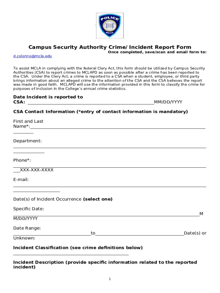 Campus Security Authority Crime/ Incident Report Doc Template | pdfFiller