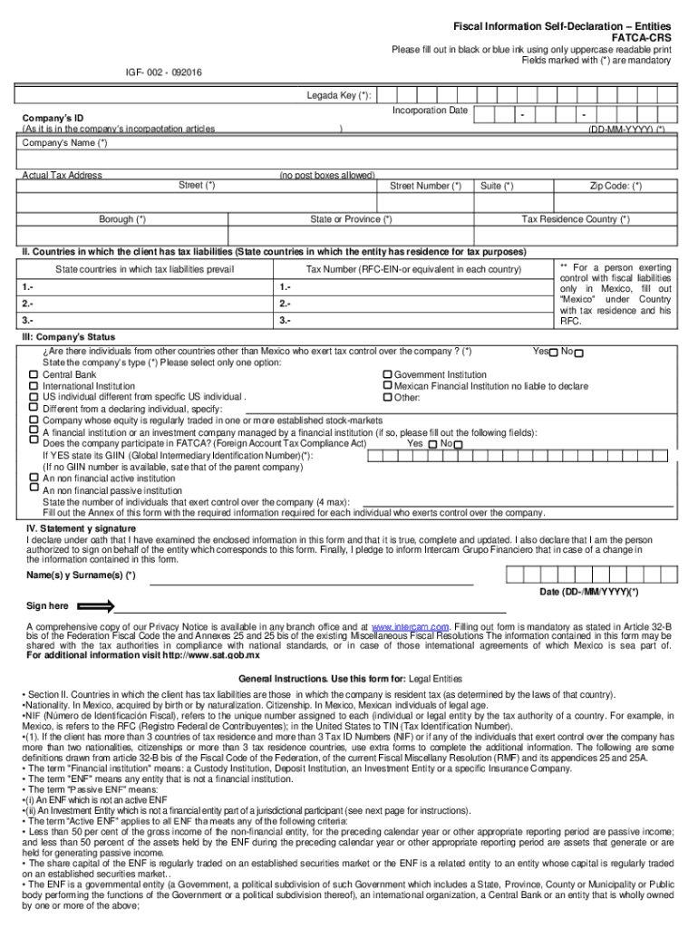 Fillable Online Fiscal Information Self-DeclarationEntities FATCA-CRS ...