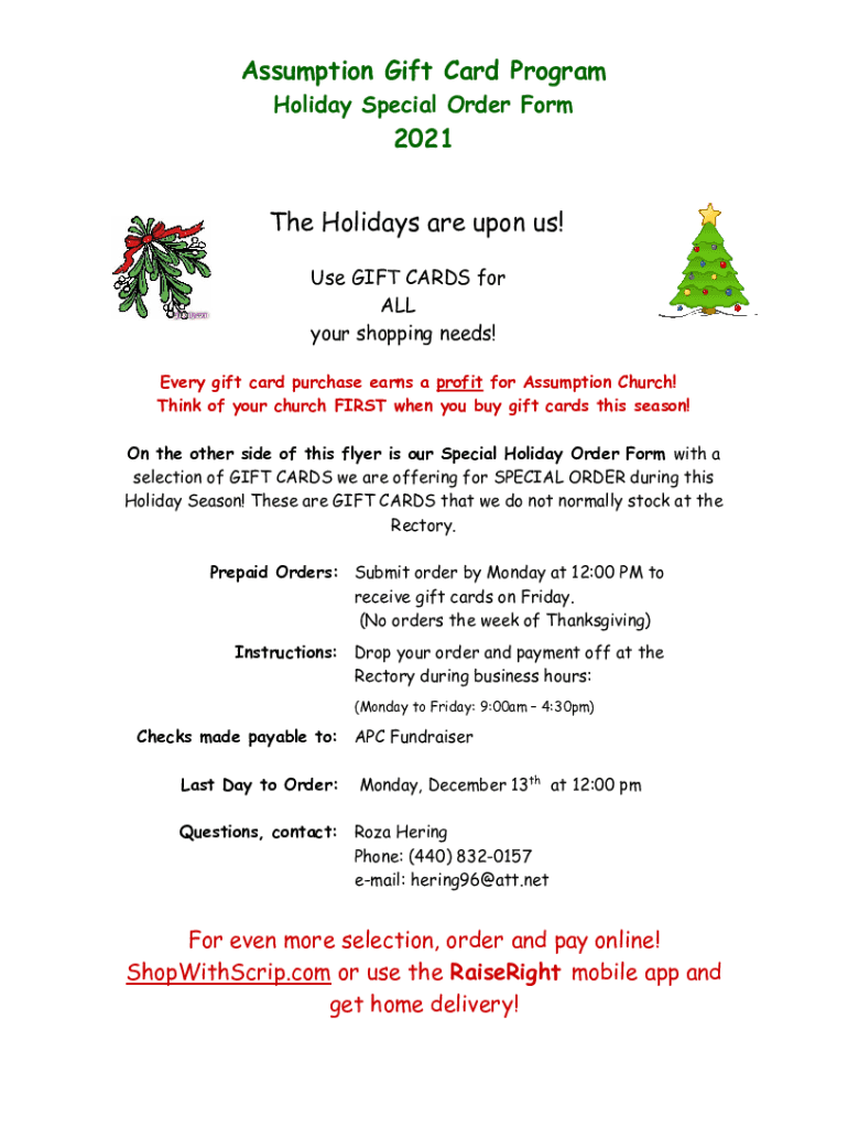 Fillable Online Assumption Gift Card Program - Holiday Special Order ...