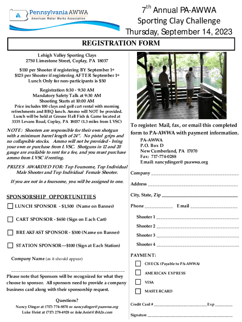 Fillable Online 7 Annual PA-AWWA Spor ng Clay Challenge Thursday ...