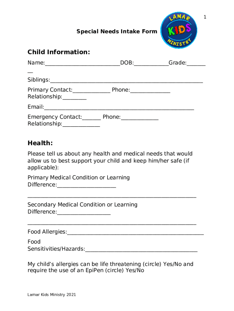 Intake - Kids Choice Childcare Centre Doc Template | pdfFiller