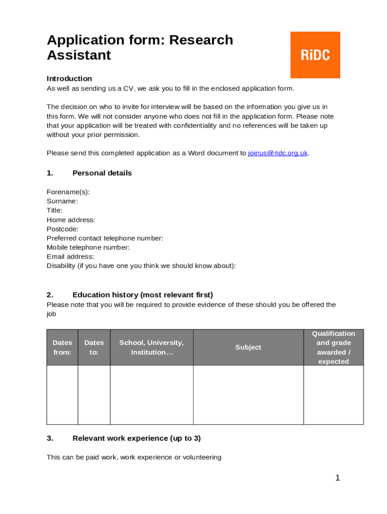Vacancy: Research AssistantRiDC Doc Template | pdfFiller