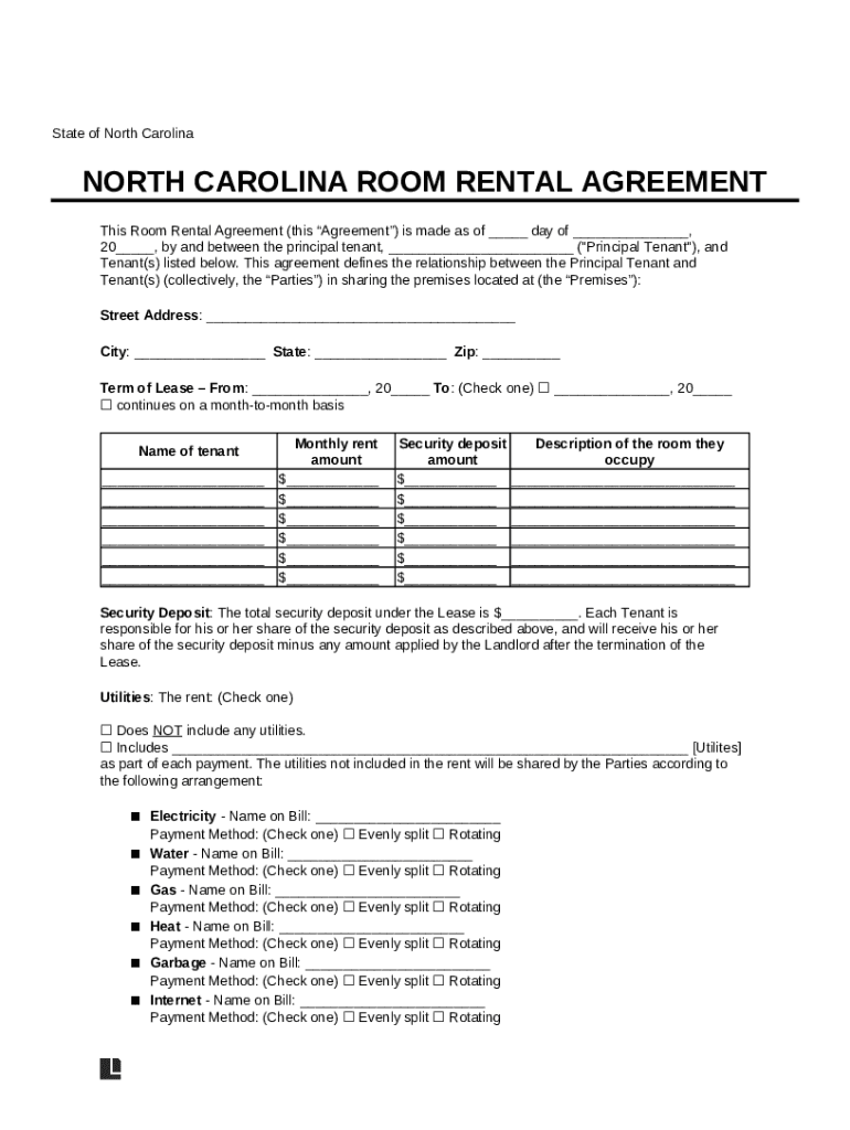 North Carolina Room Rental Agreement - Blank Fillable Template | Fill ...