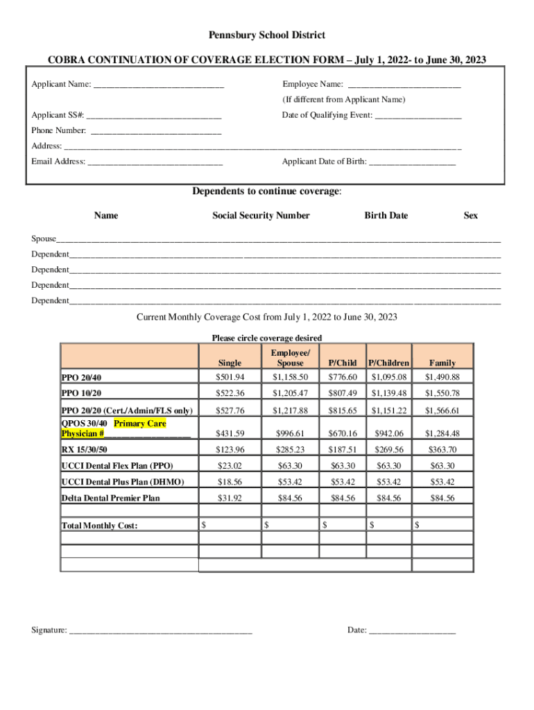 Fillable Online COBRA Continuation of Coverage Healthcare Election ... Fax Email Print - pdfFiller