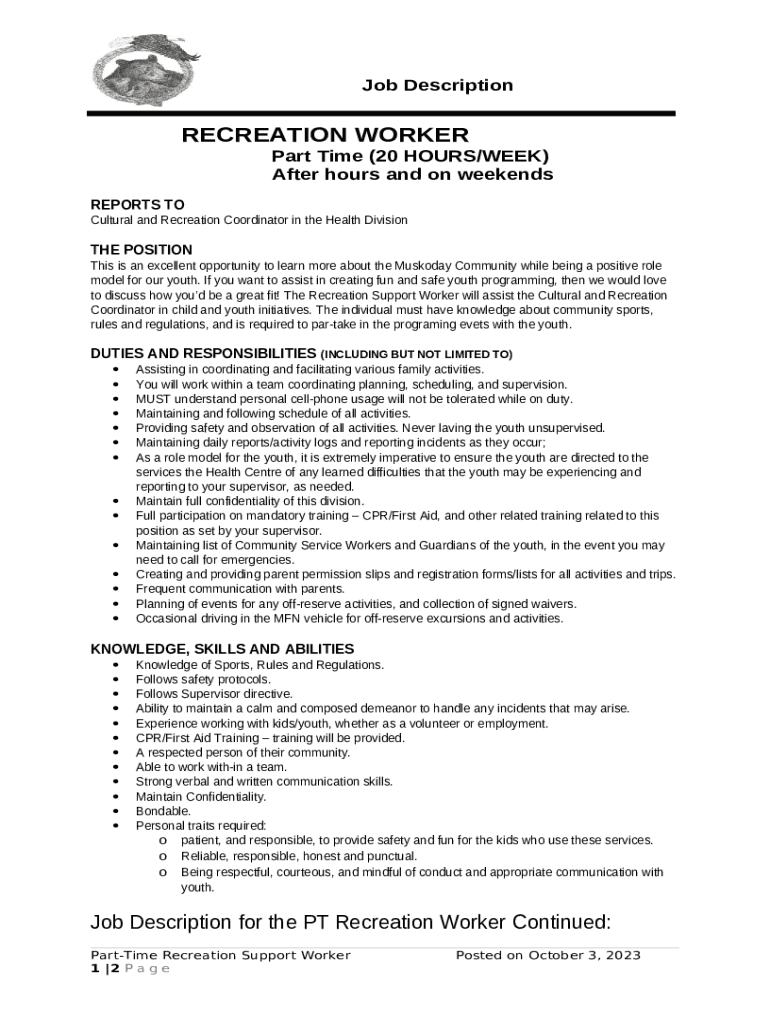 Professional Recreation Worker Job Description Template - sktc sk Doc ...