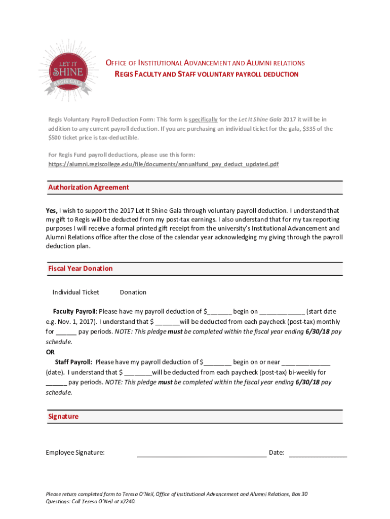 Fillable Online regis faculty and staff voluntary payroll deduction Fax Email Print - pdfFiller