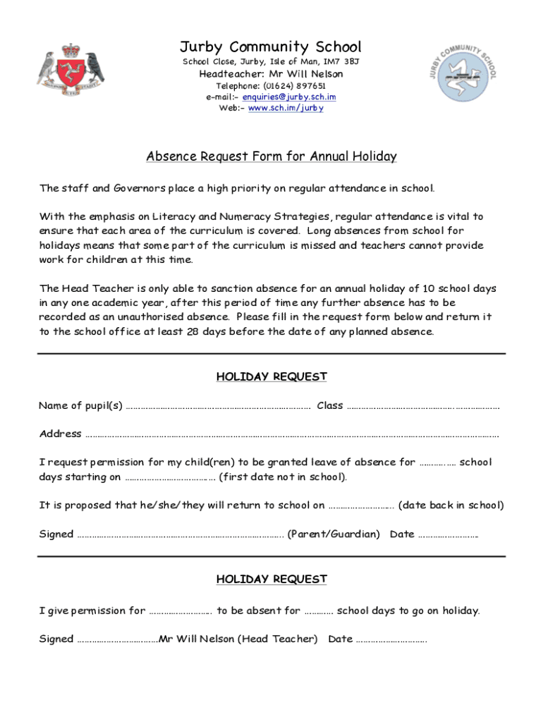 Fillable Online Absence Request Form for Annual Holiday - Jurby School ...