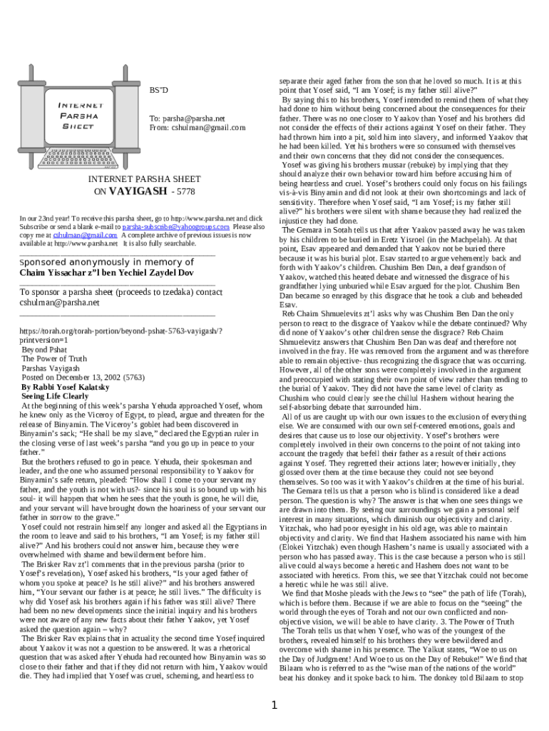 Parashat VayigashTexts & Source Sheets from Torah ... Doc Template | pdfFiller