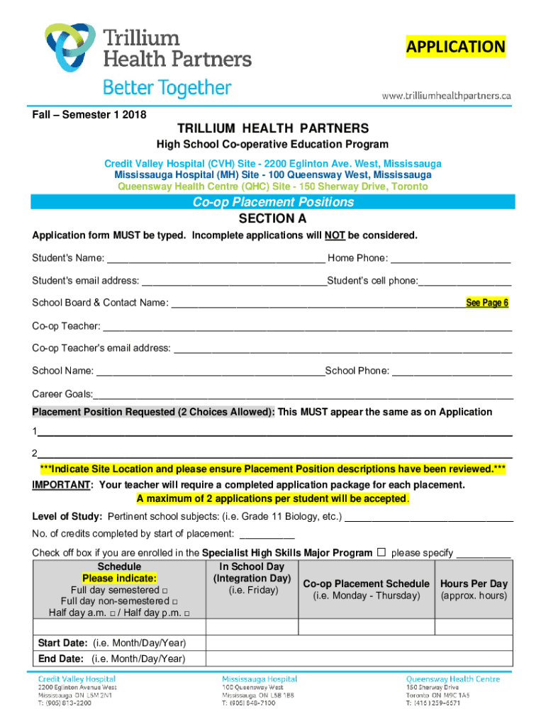 Fillable Online TRILLIUM HEALTH PARTNERS Co-op Placement Positions Fax Email Print - pdfFiller