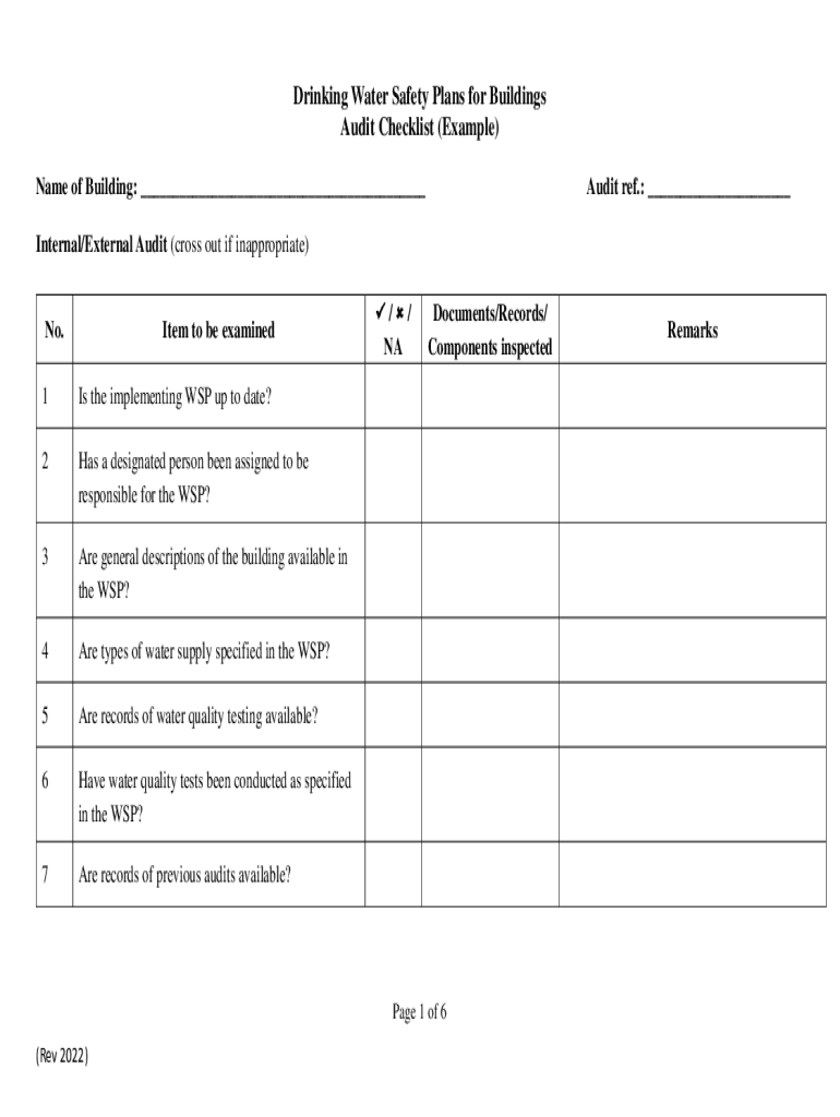 Fillable Online Drinking Water Safety Plans for Building Audit ...