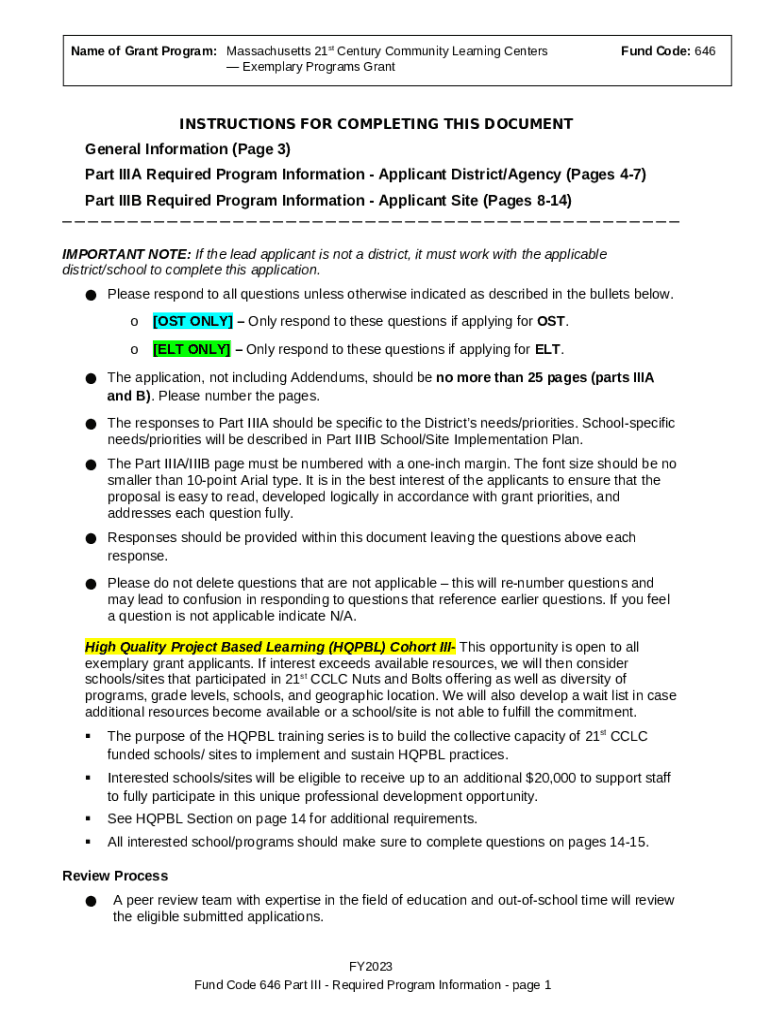FY2023 FC646 MA 21st CCLC Exemplary Programs Grant Part III A B Doc Template | pdfFiller