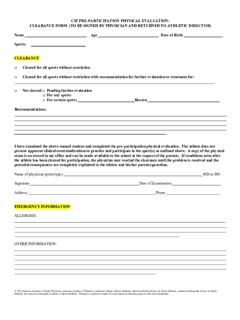 Fillable Online preparticipation physical evaluation - clearance form ...