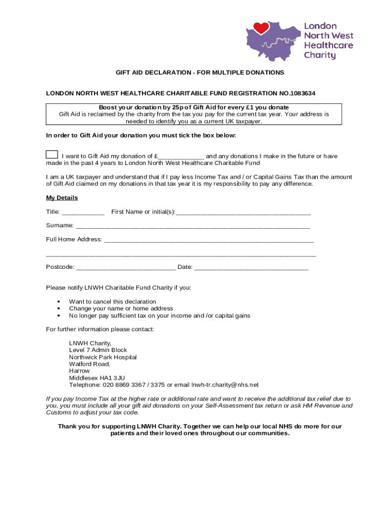 gift aid declaration - for multiple donations Doc Template | pdfFiller