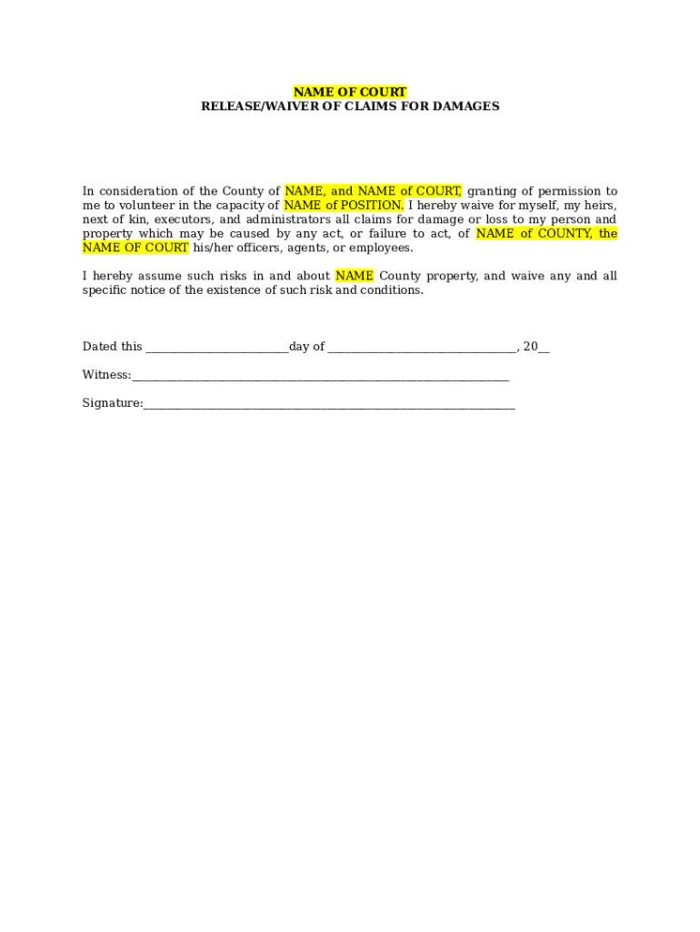 VOLUNTEER WAIVER AND RELEASE OF ALL CLAIMS ... Doc Template | pdfFiller