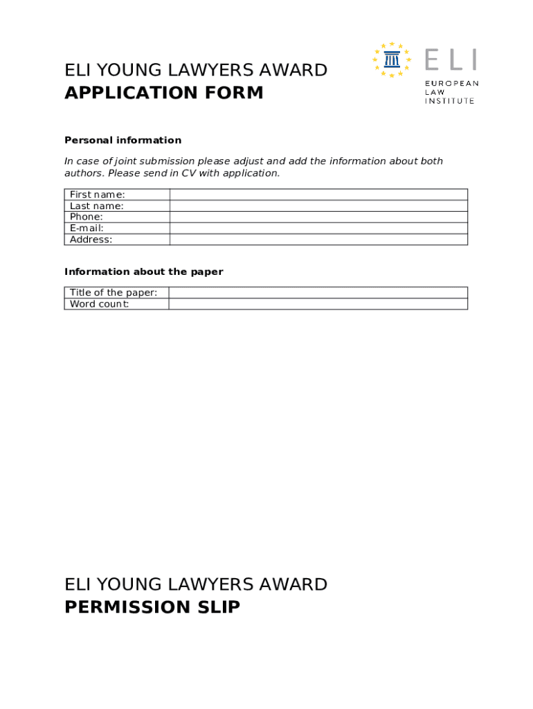 ELI Young Lawyers Award and ELI SIG and Hub Awards Doc Template | pdfFiller