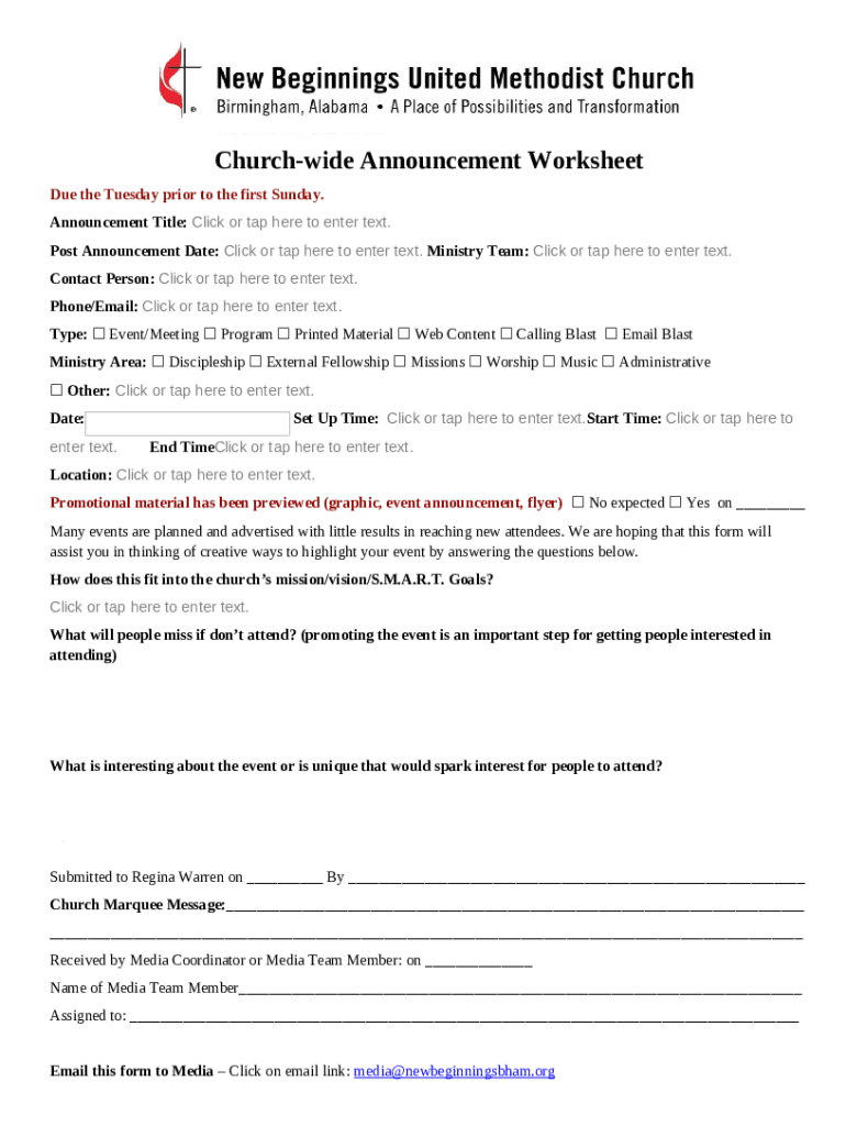 Announcement Request - Summit Church Doc Template | pdfFiller