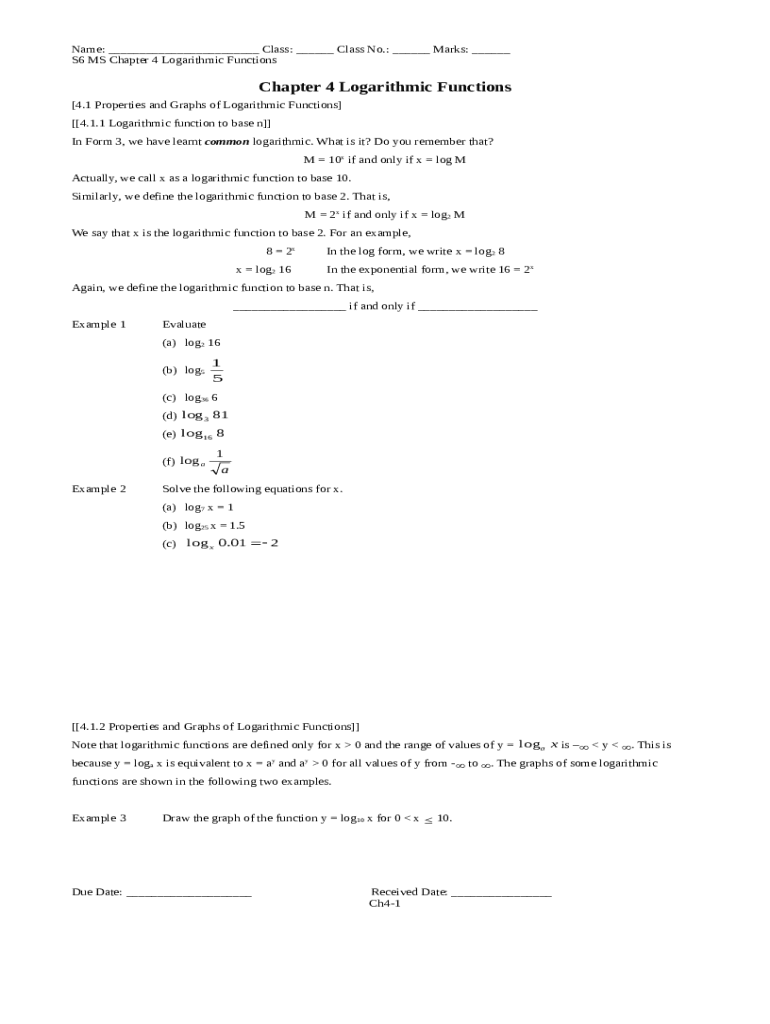 Chapter 4 Logarithmic Functions Doc Template | pdfFiller