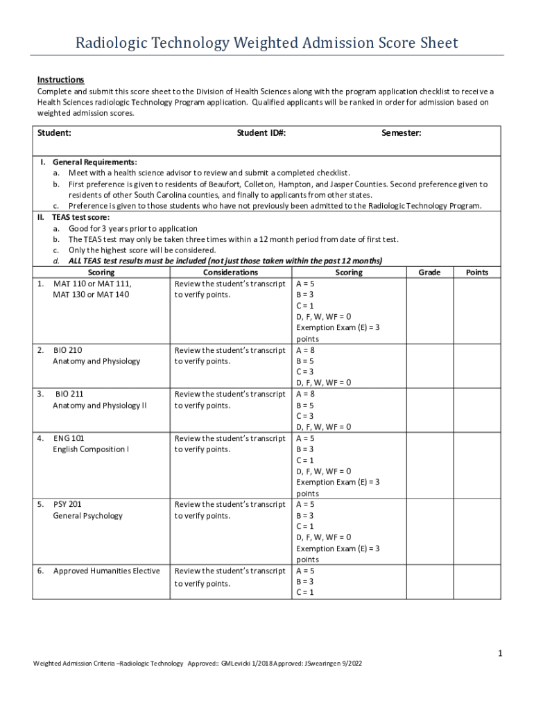 Fillable Online Radiologic Technology Weighted Admission Score Sheet ...