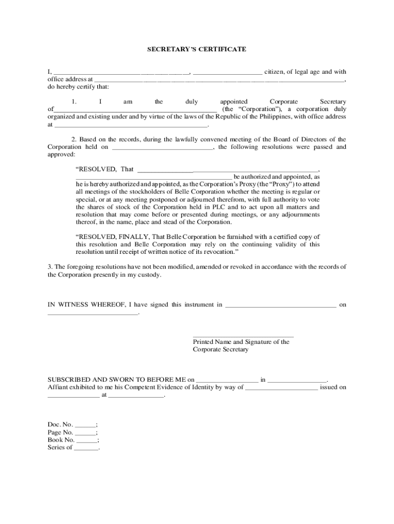 Fillable Online Secretary's Certificate Sample Fax Email Print - pdfFiller