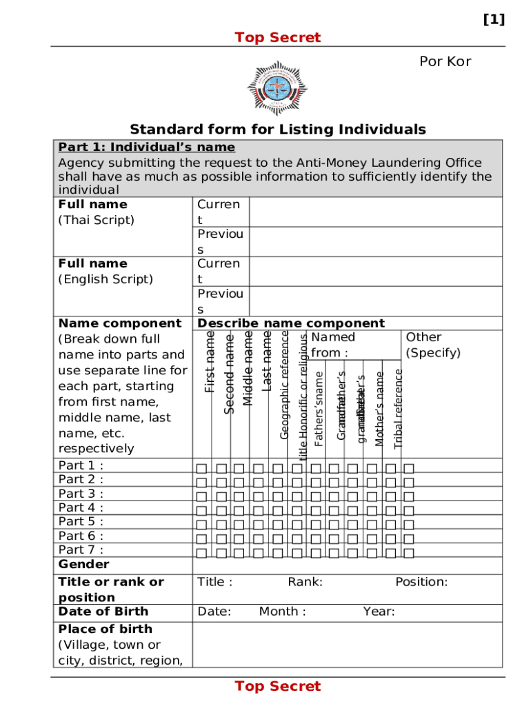 Por Kor Ror 01 Standard for Listing Individuals Doc Template | pdfFiller
