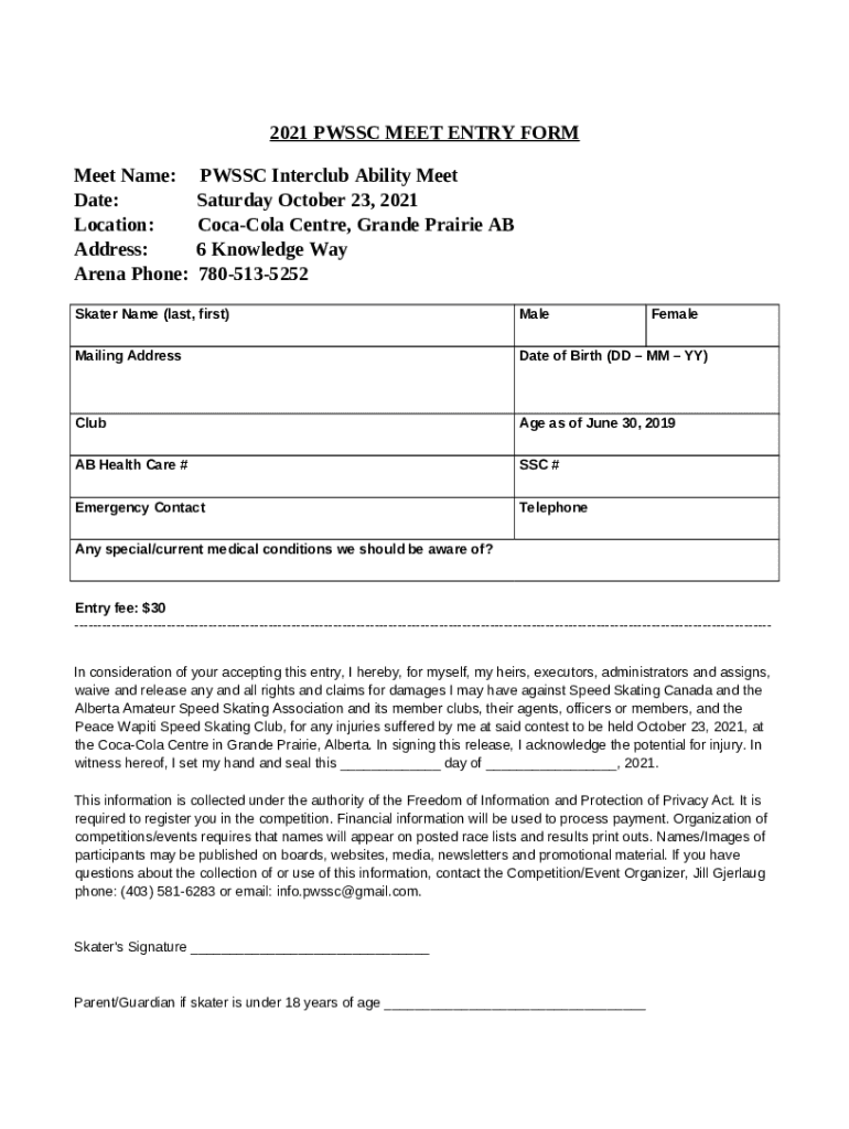 2021 PWSSC MEET ENTRY Doc Template | pdfFiller
