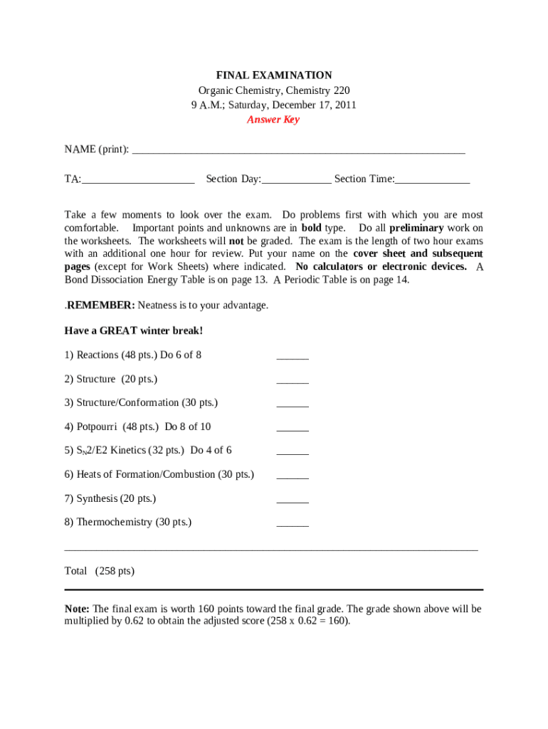Practice Final Exam (All OChem I Topics) (Worksheet ... Doc Template | pdfFiller