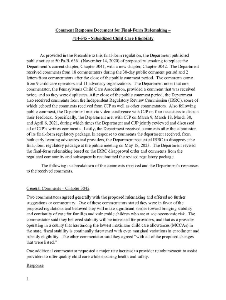 Fillable Online 1 Comment Response Document for Final-Form Rulemaking ...