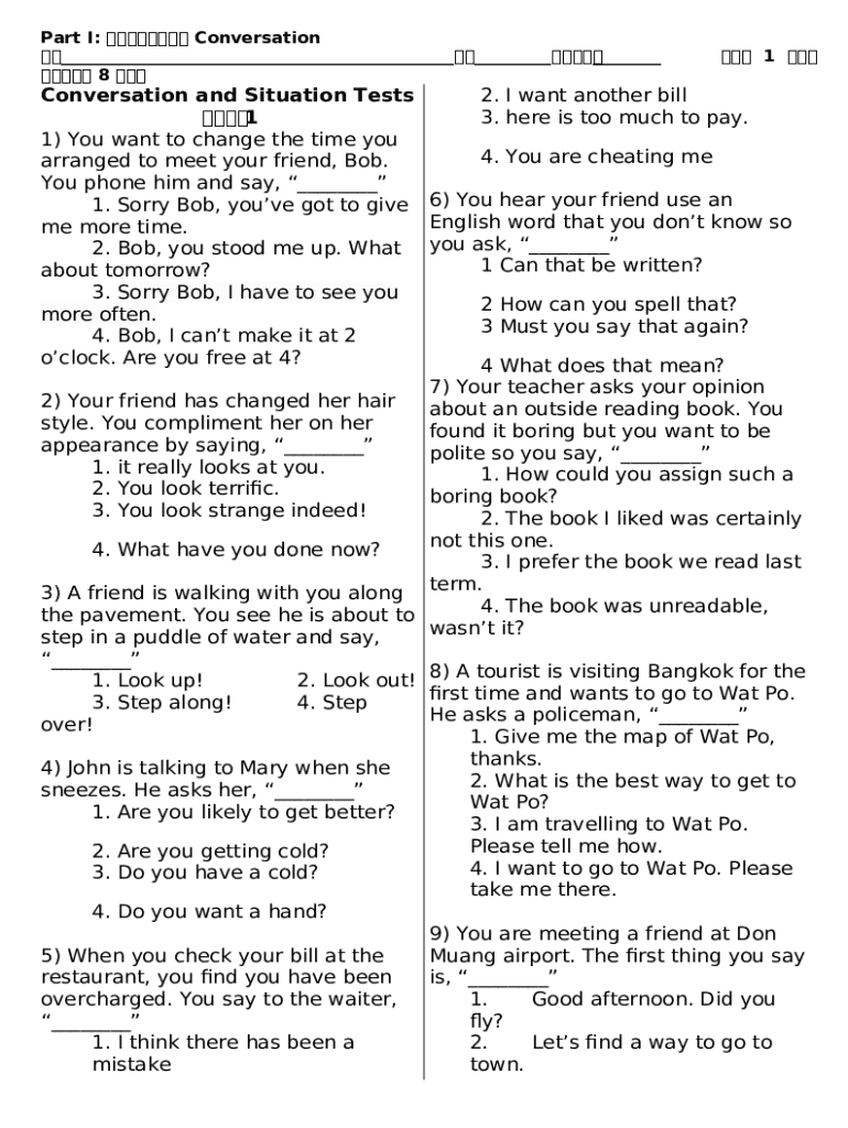 Conversation and Situation Tests1 Doc Template | pdfFiller