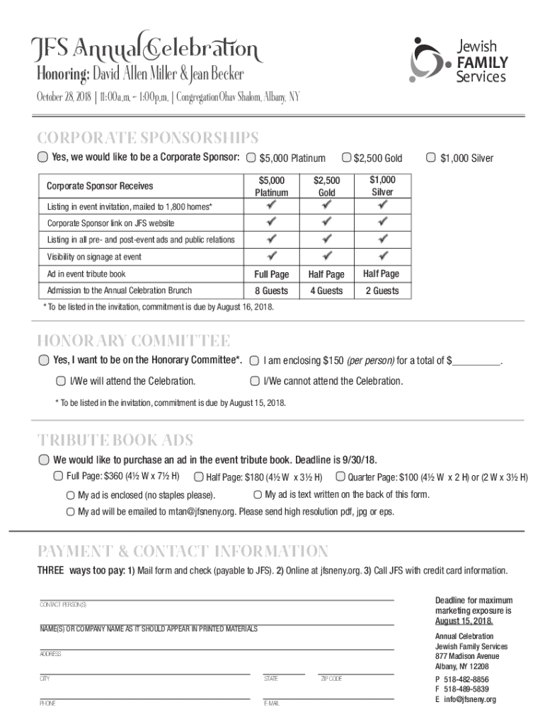 Fillable Online JFS Annual Celebration to Honor Jean Becker & David ...