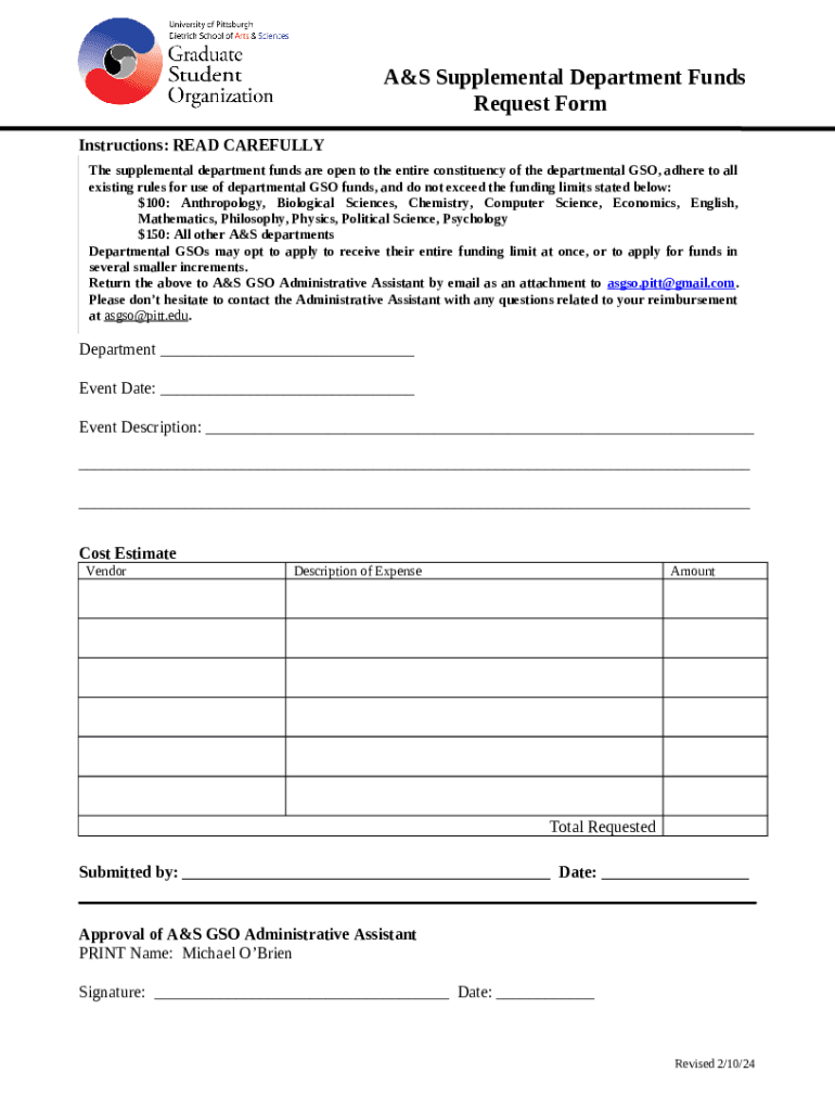 A&S Supplemental Department Funds Request Doc Template | pdfFiller