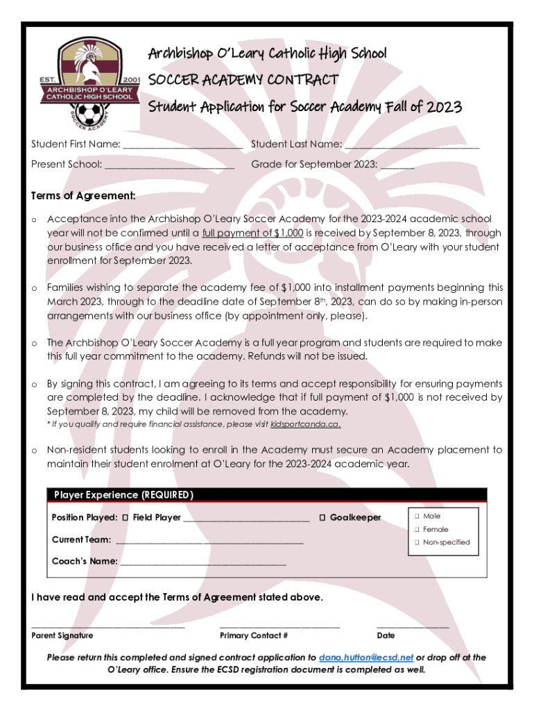 Fillable Online archbishopoleary ecsd Archbishop O'Leary High School ...