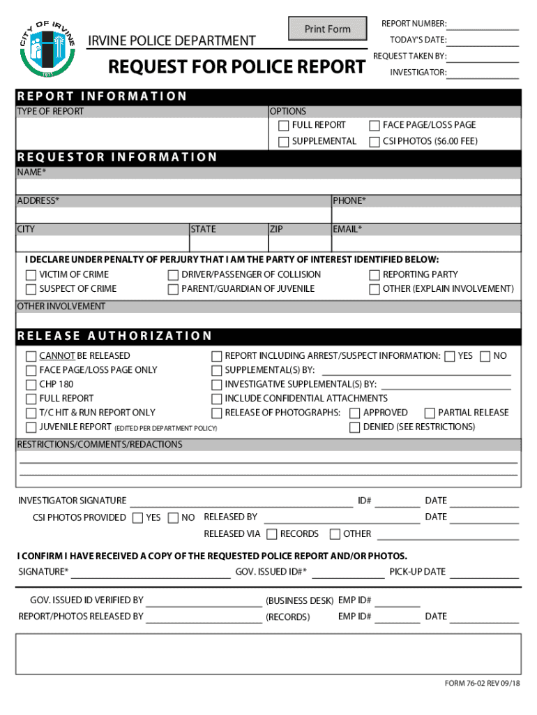 Fillable Online legacy cityofirvine POLICE INCIDENT REPORT REQUEST FORM ...