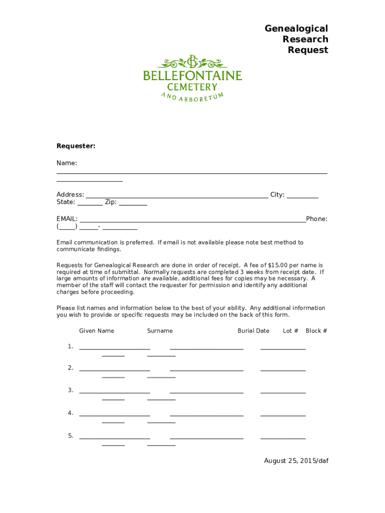 Genealogical Research Request Doc Template | pdfFiller
