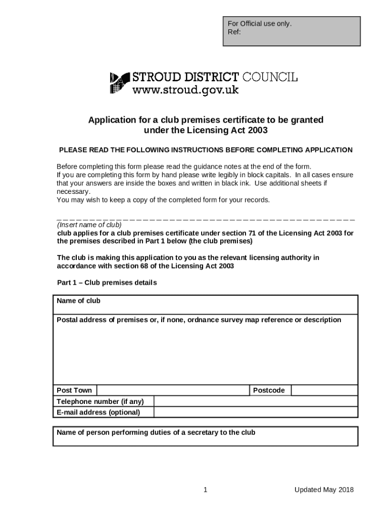CPC03 Declaration for a club premises certificate to be ... Doc Template | pdfFiller