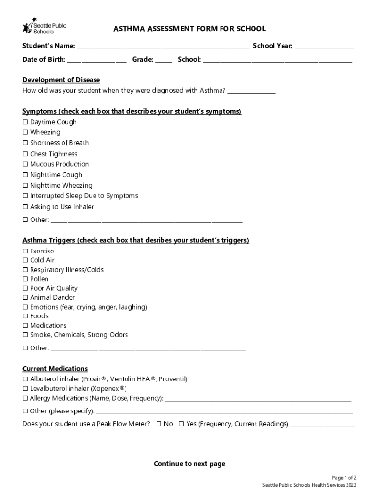 Fillable Online Asthma Assessment Form for School Fax Email Print ...