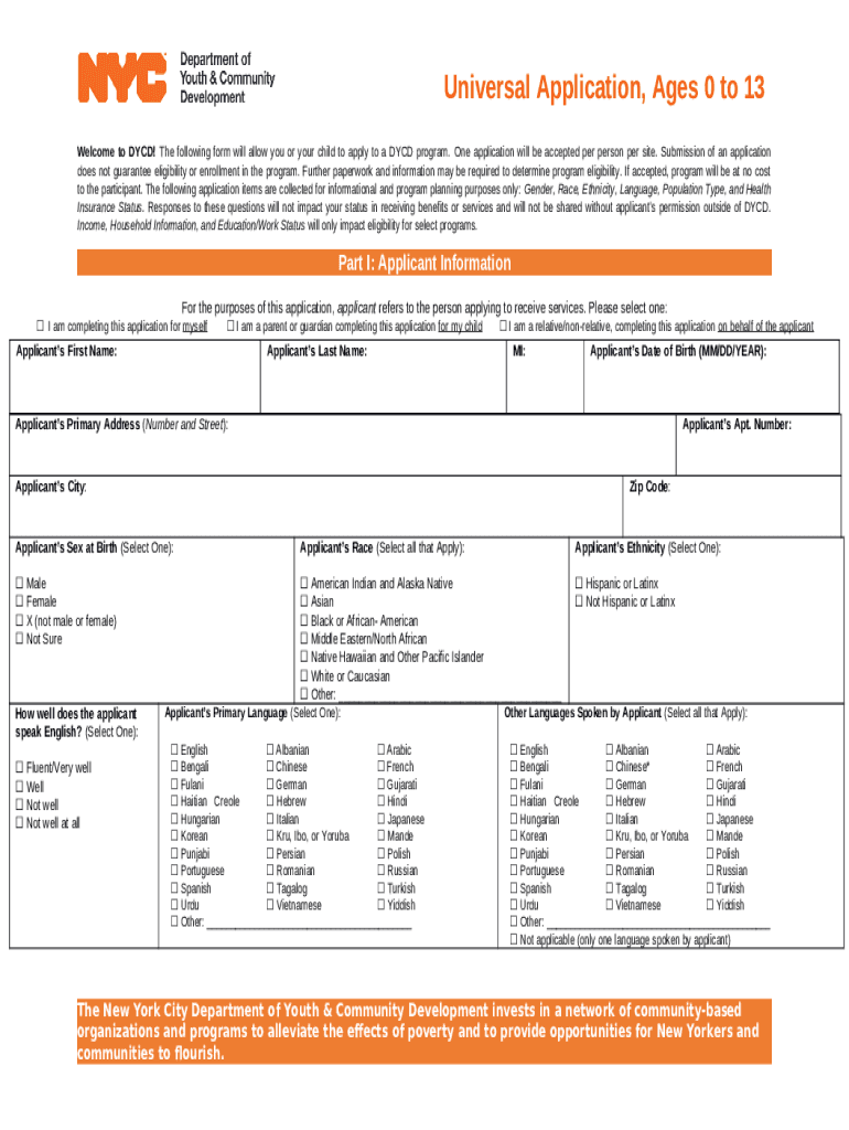 Universal Application, Ages 0 to 13 Doc Template | pdfFiller
