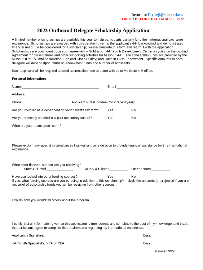 Outbound Delegate Scholarship Application (DOC) - extension missouri Doc Template | pdfFiller