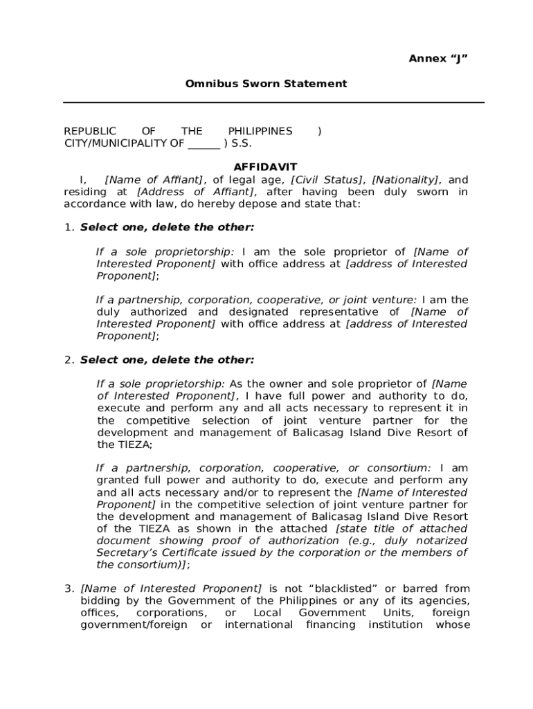 ANNEX J Omnibus Sworn Statement - tieza gov Doc Template | pdfFiller