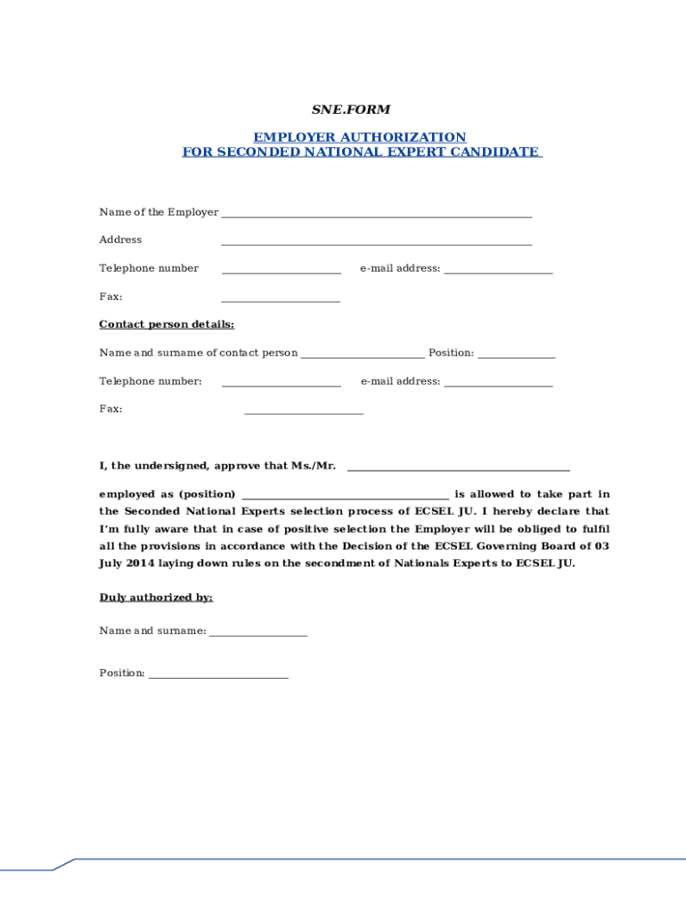 Employer authorisation for seconded national expert ... Doc Template | pdfFiller